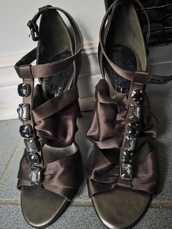 BCBGMaxAzria | Shoes | Bcbg Maxazria Brown Satin Jeweled Tstrap Dress ...